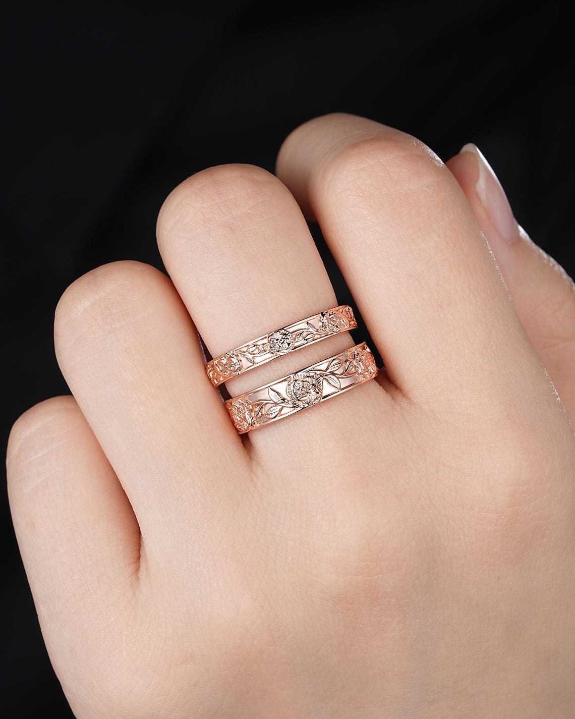 14k Gold Carnation Couple Rings Set Custom January Birth Flower Mens ...