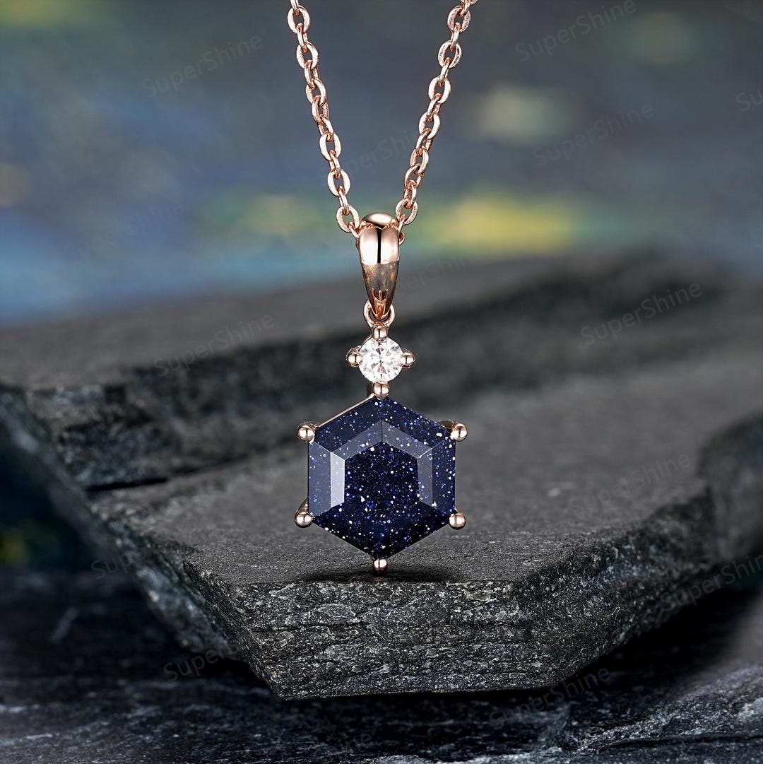 Hexagon Cut Galaxy Blue Sandstone Necklace 14k Rose Gold Blue Sandstone ...