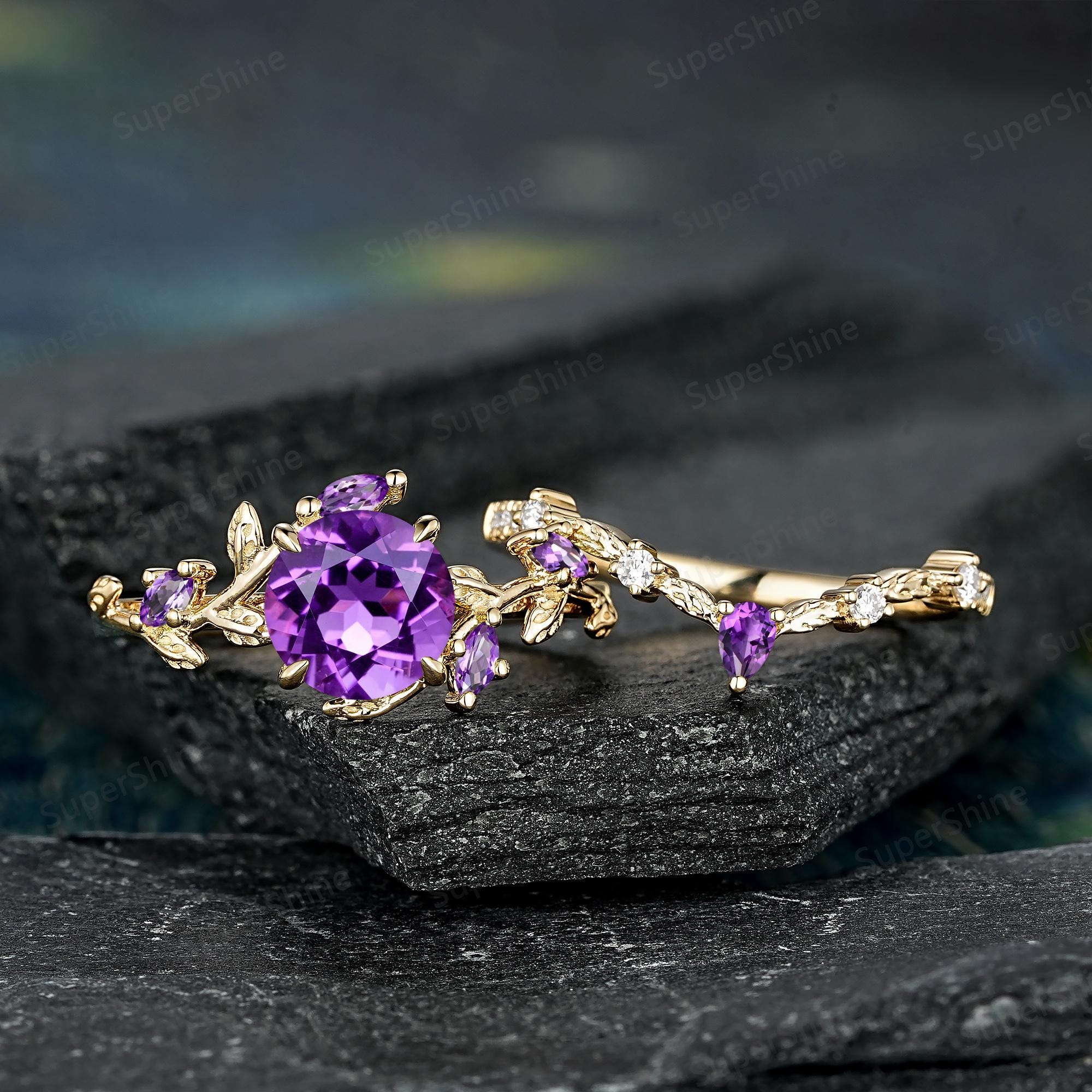 Round Amethyst Wedding Ring Set Custom Yellow Gold Amethyst Engagement ...