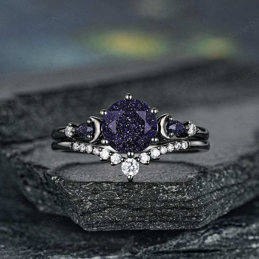 Round Galaxy Blue Sandstone Wedding Ring Set, Gothic Black Gold Sailor ...