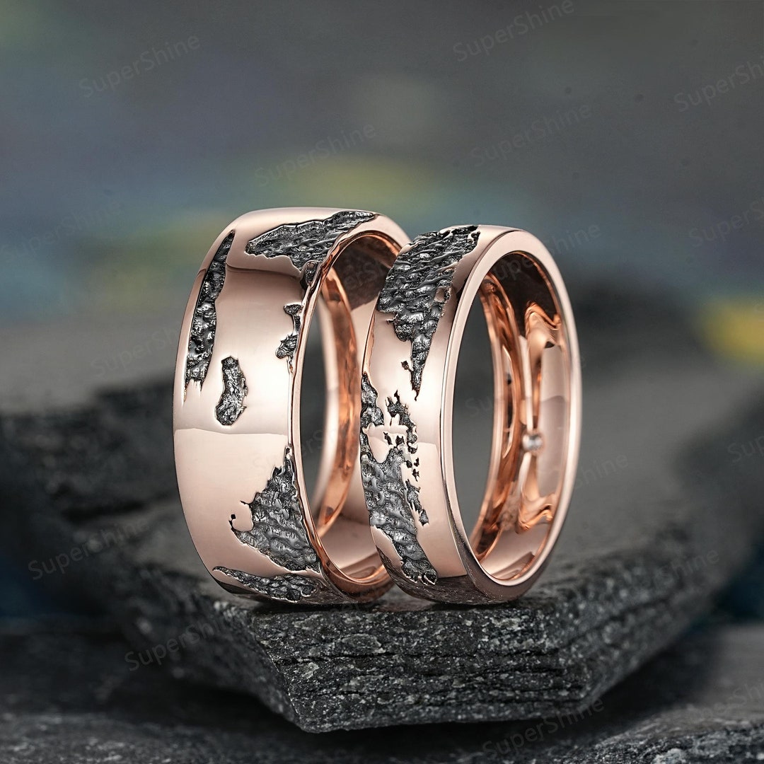 14k Rose Gold World Map Couple Rings Set Unique Two Tones Match ...