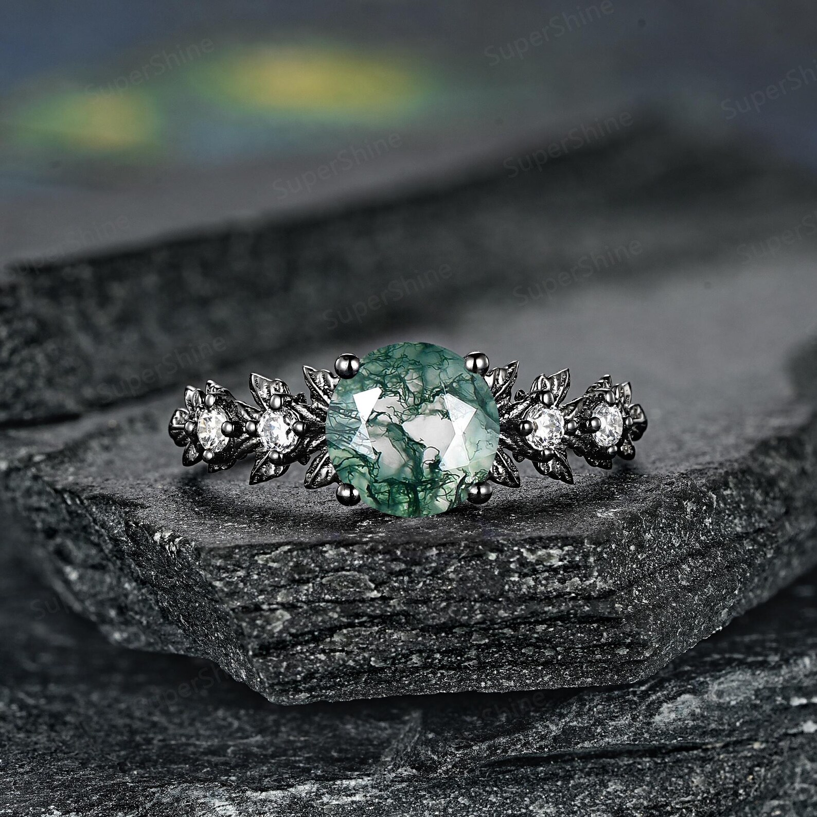 Round Moss Agate Engagement Ring Set Black Gold Maple Leaf Wedding ...