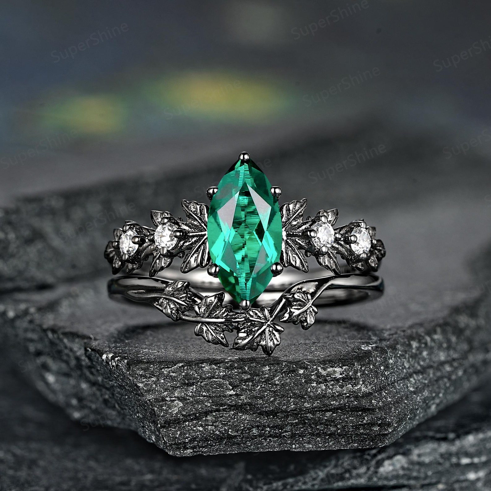 Antique Marquise Cut Emerald Engagement Ring Set Black Gold Green ...