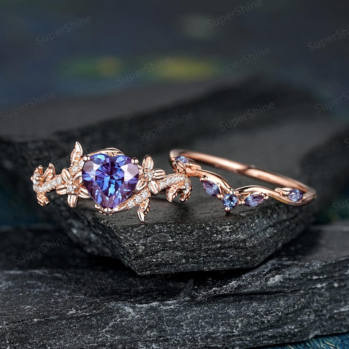 Heart Cut Alexandrite Engagement Ring Set Leaf Floral Moissanite ...