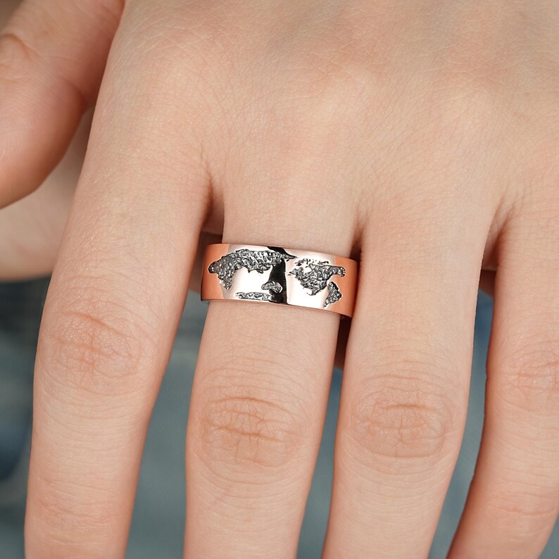 8mm Unique World Map Mens Ring Wedding Band Custom Two Tones Stacking ...