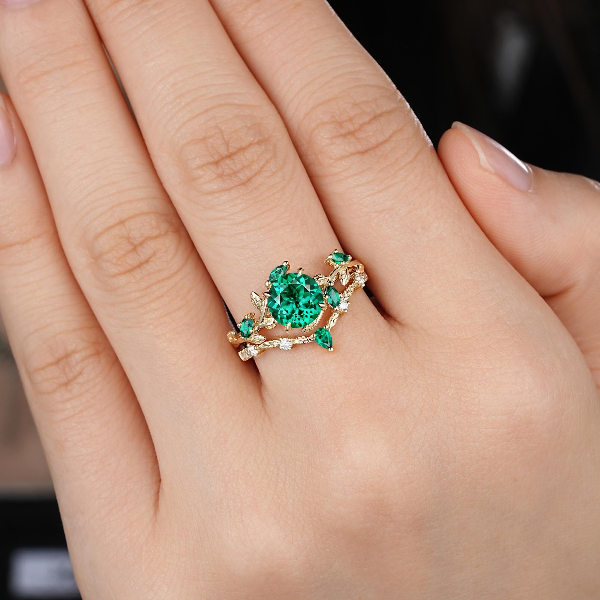 Round Emerald Engagement Ring Set Antique Yellow Gold Emerald Wedding ...