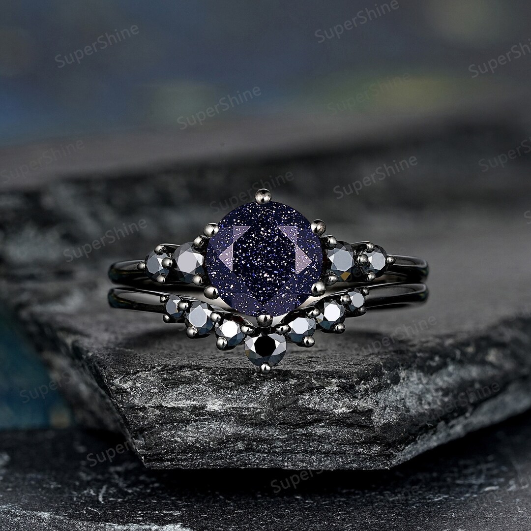 Round Galaxy Blue Sandstone Engagement Ring Set Black Gold Black ...