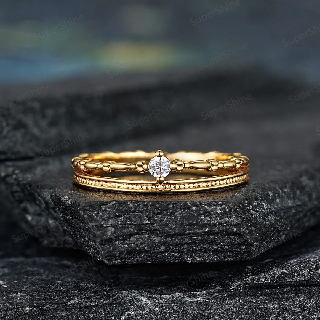 Antique Yellow Gold Straight Wedding Ring Moissanite Straight Stacking ...