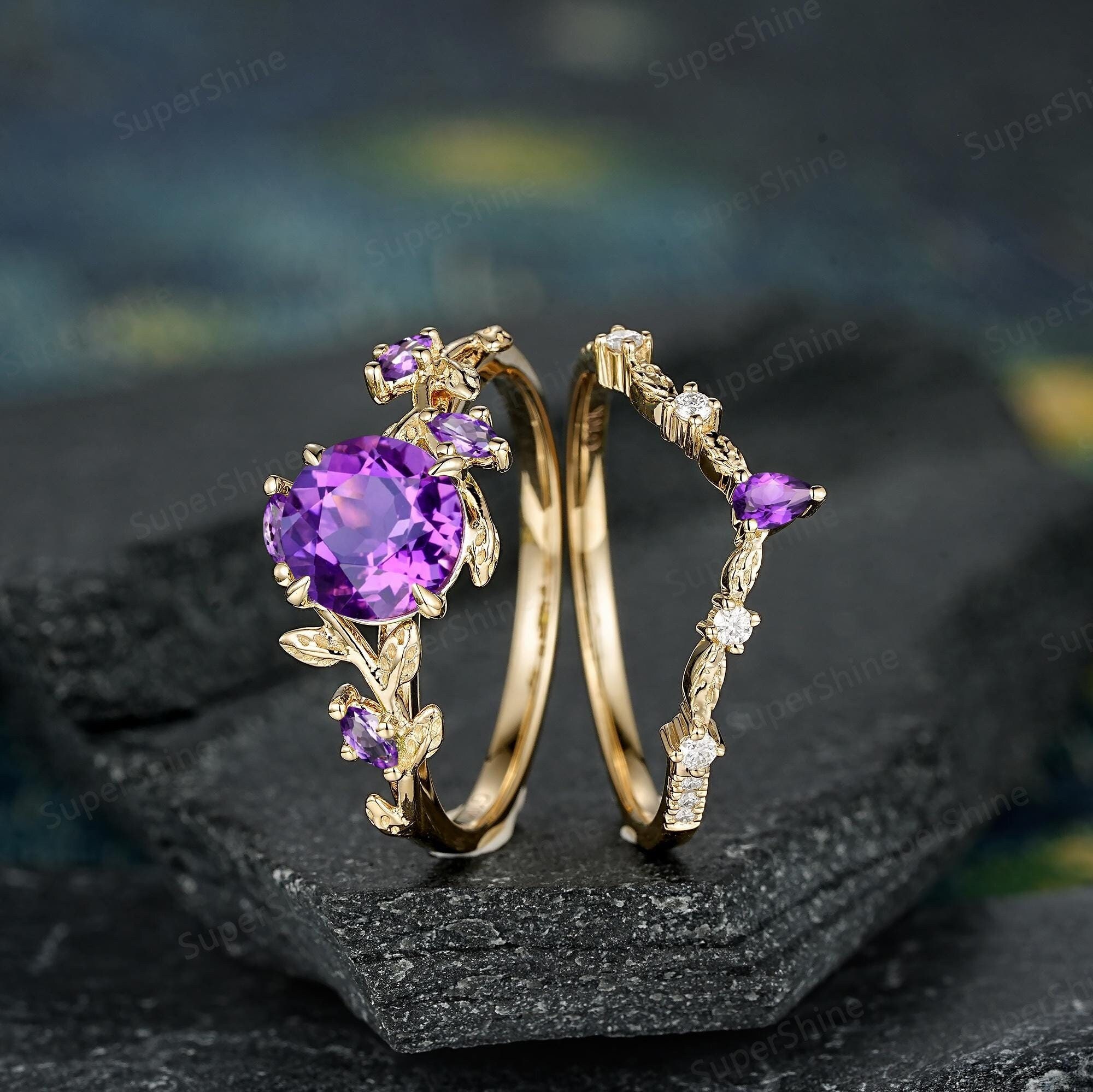 Round Amethyst Wedding Ring Set Custom Yellow Gold Amethyst Engagement ...