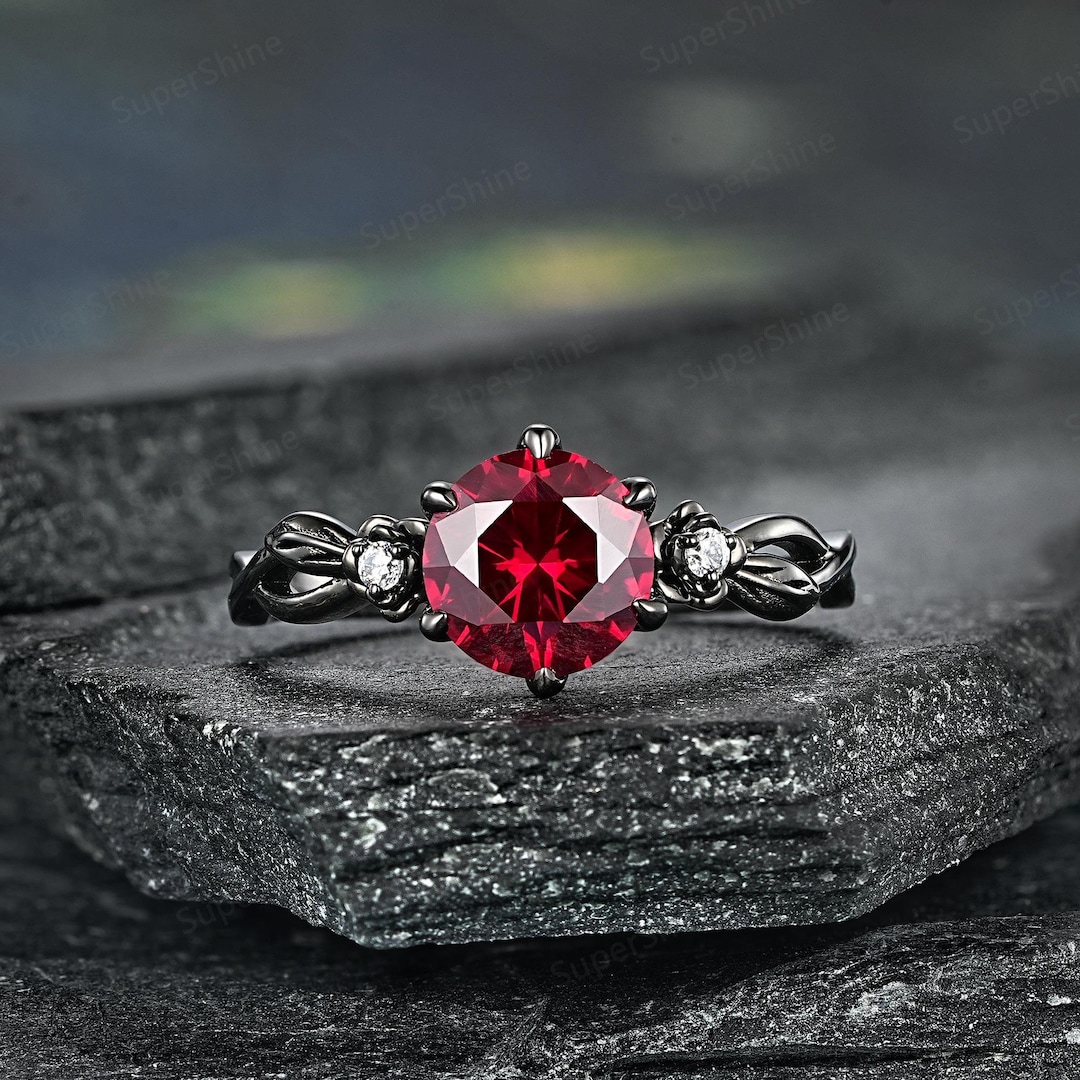 Custom Round Ruby Engagement Ring Black Gold Rose Flower Wedding Ring Gift Nature Inspired Leaf ...