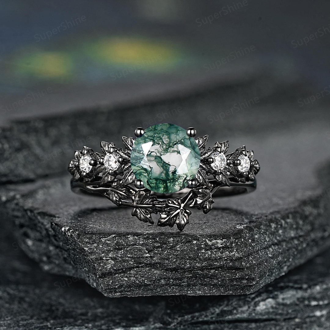 Round Moss Agate Engagement Ring Set Black Gold Maple Leaf Wedding ...