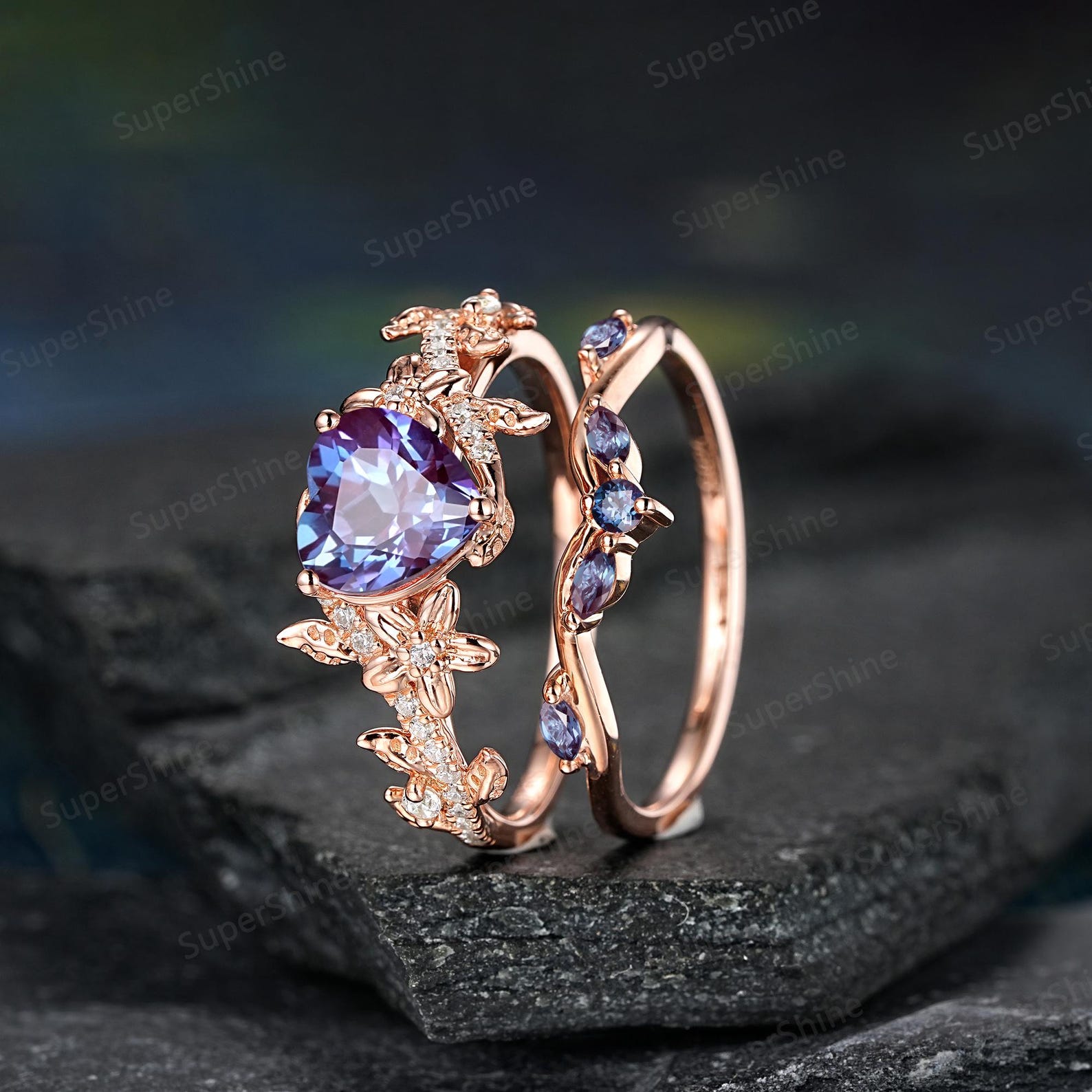 Heart Cut Alexandrite Engagement Ring Set Leaf Floral Moissanite ...