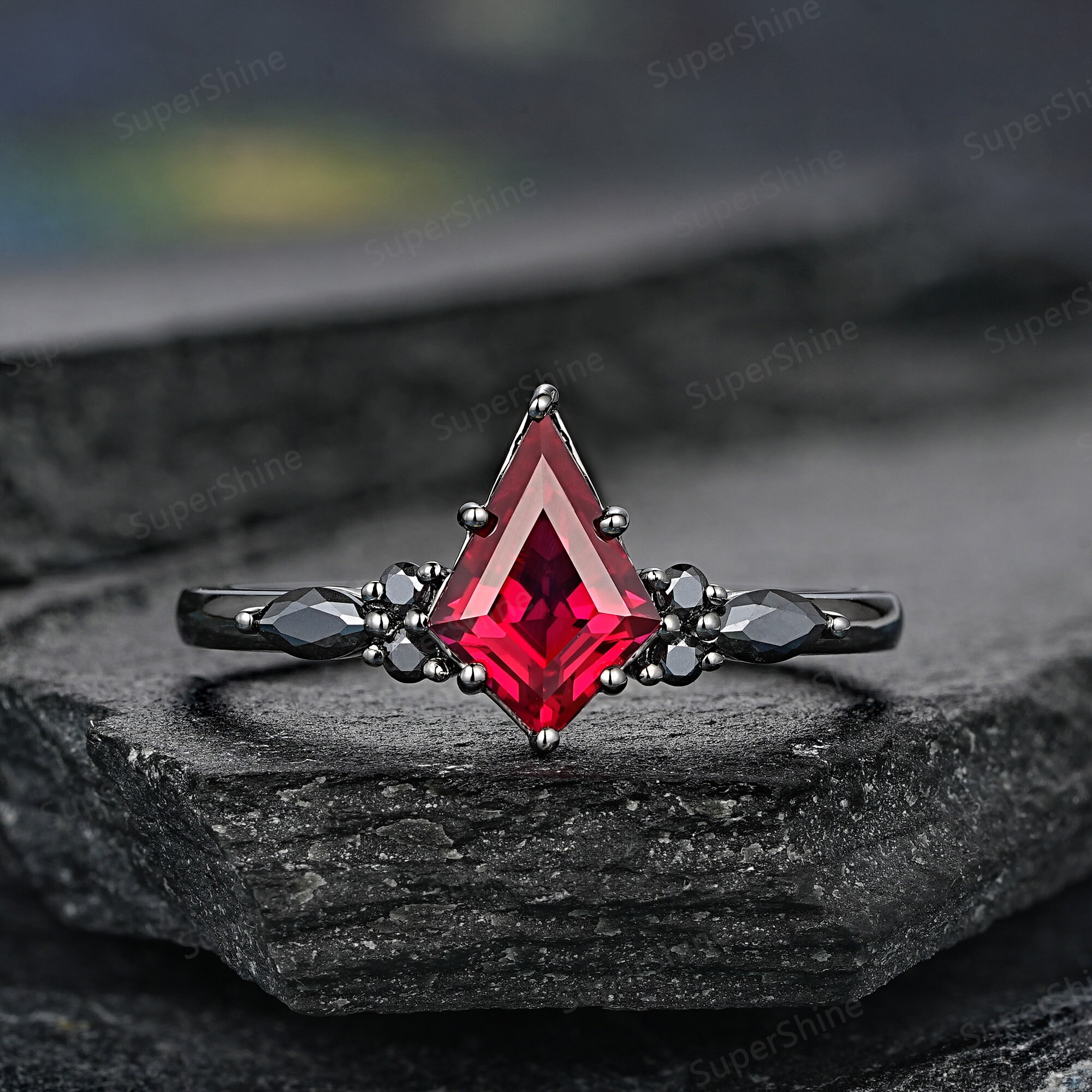 Kite Cut Vintage Ruby Wedding Ring Set, Vintage Moissanite Cluster ...