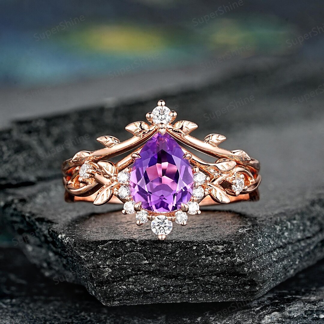 Pear Shape Amethyst Engagement Ring Set, Vintage 14k Gold Leaf Nature ...