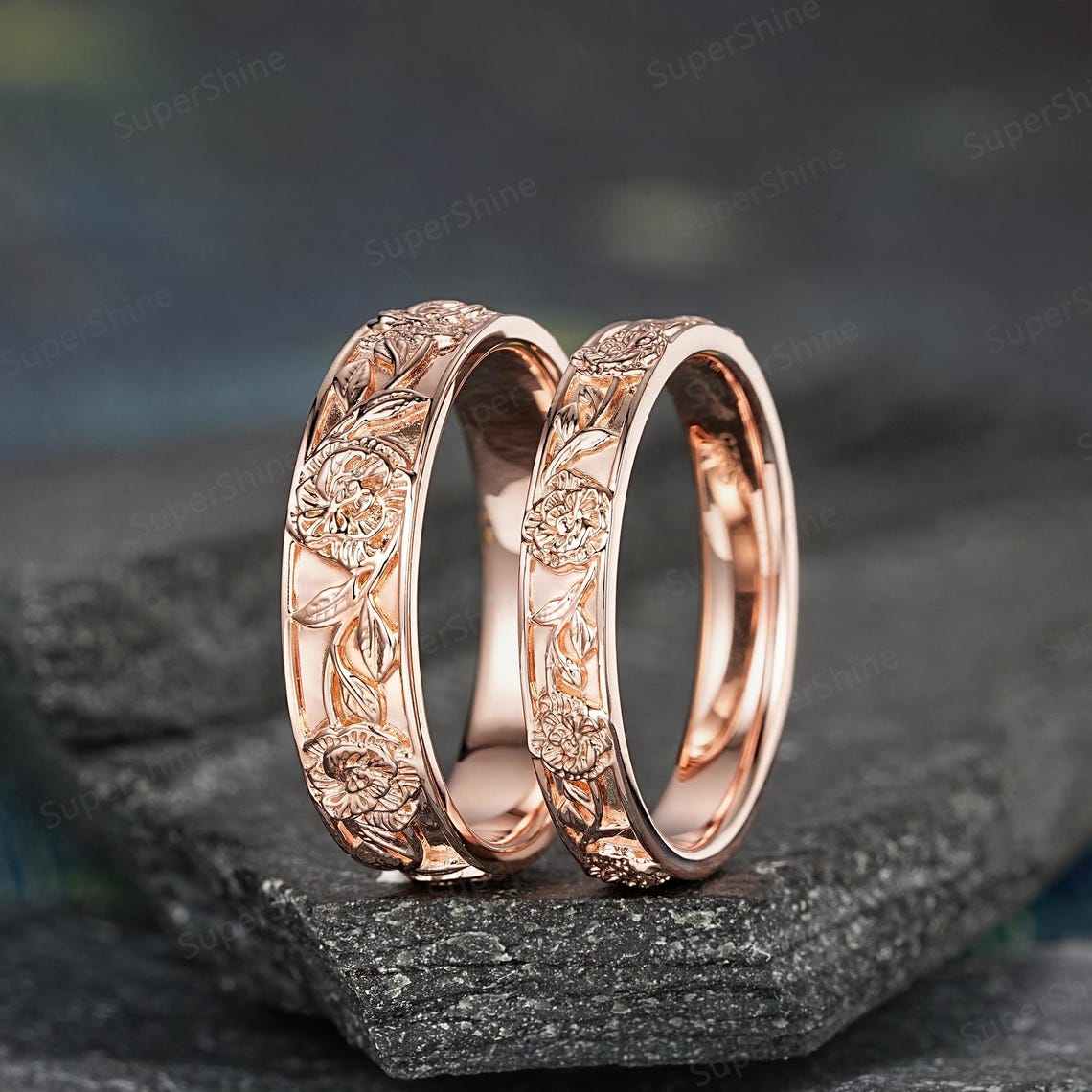 14k Gold Carnation Couple Rings Set Custom January Birth Flower Mens ...