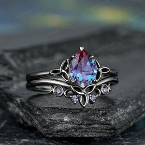 Pear Alexandrite Celtic Knot Engagement Ring Set Gothic Black Gold ...