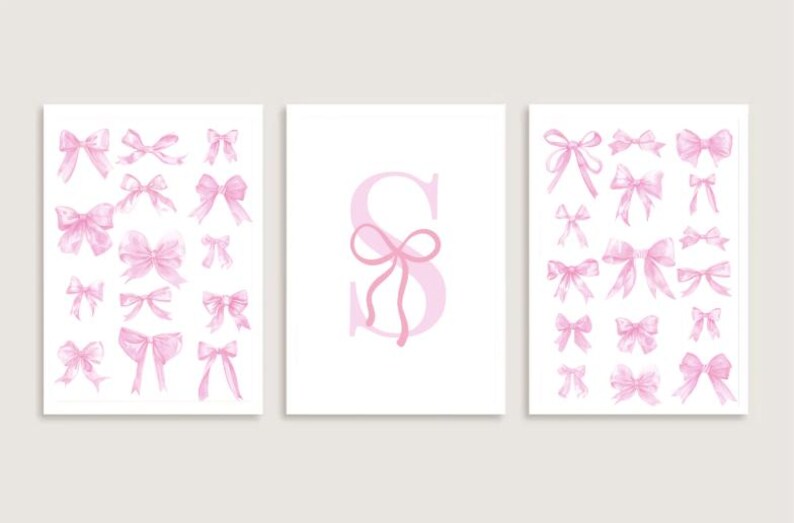 Pink Bow Monogram Print Set: Girly Nursery Wall Art (digital Download ...