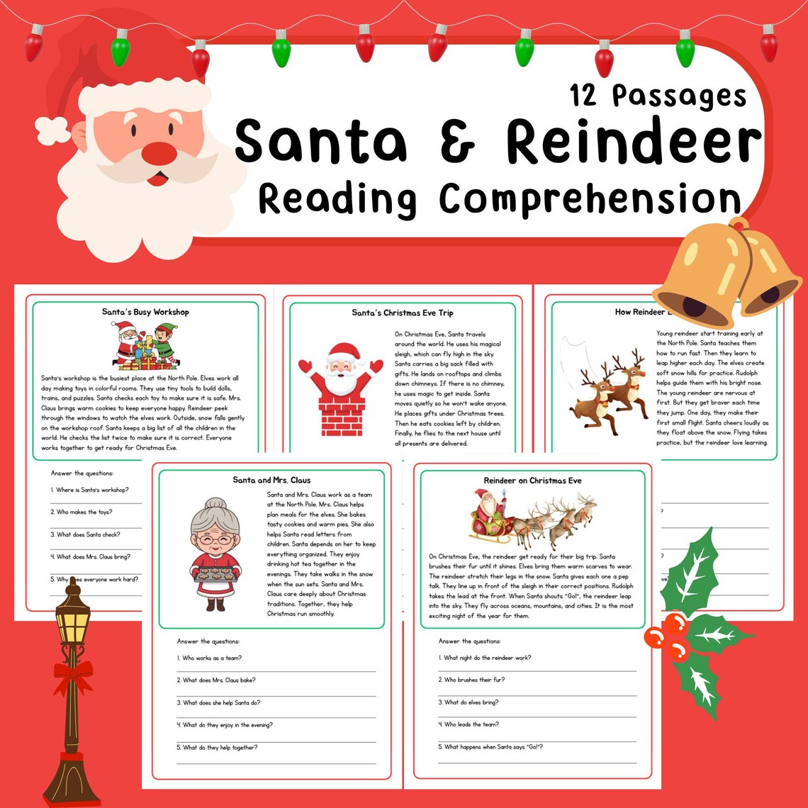 12 Santa & Reindeer Reading Comprehension Passages for Kids - Etsy