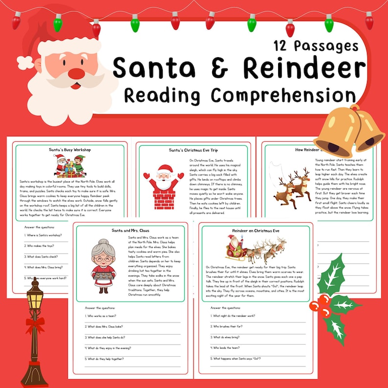 12 Santa & Reindeer Reading Comprehension Passages for Kids - Etsy