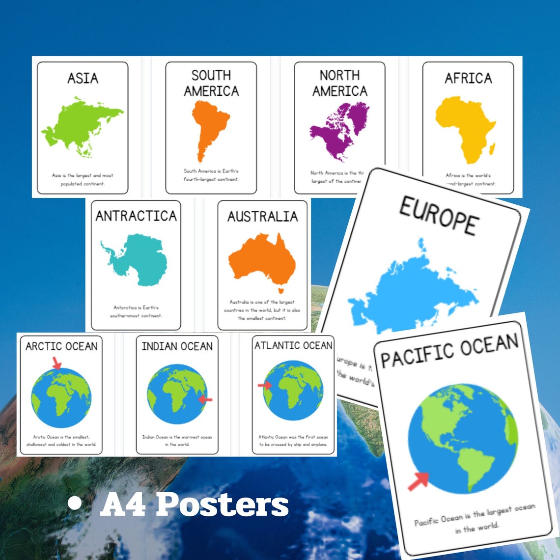 Continents and Oceans of the World, Posters, Flashcards and Worksheets ...