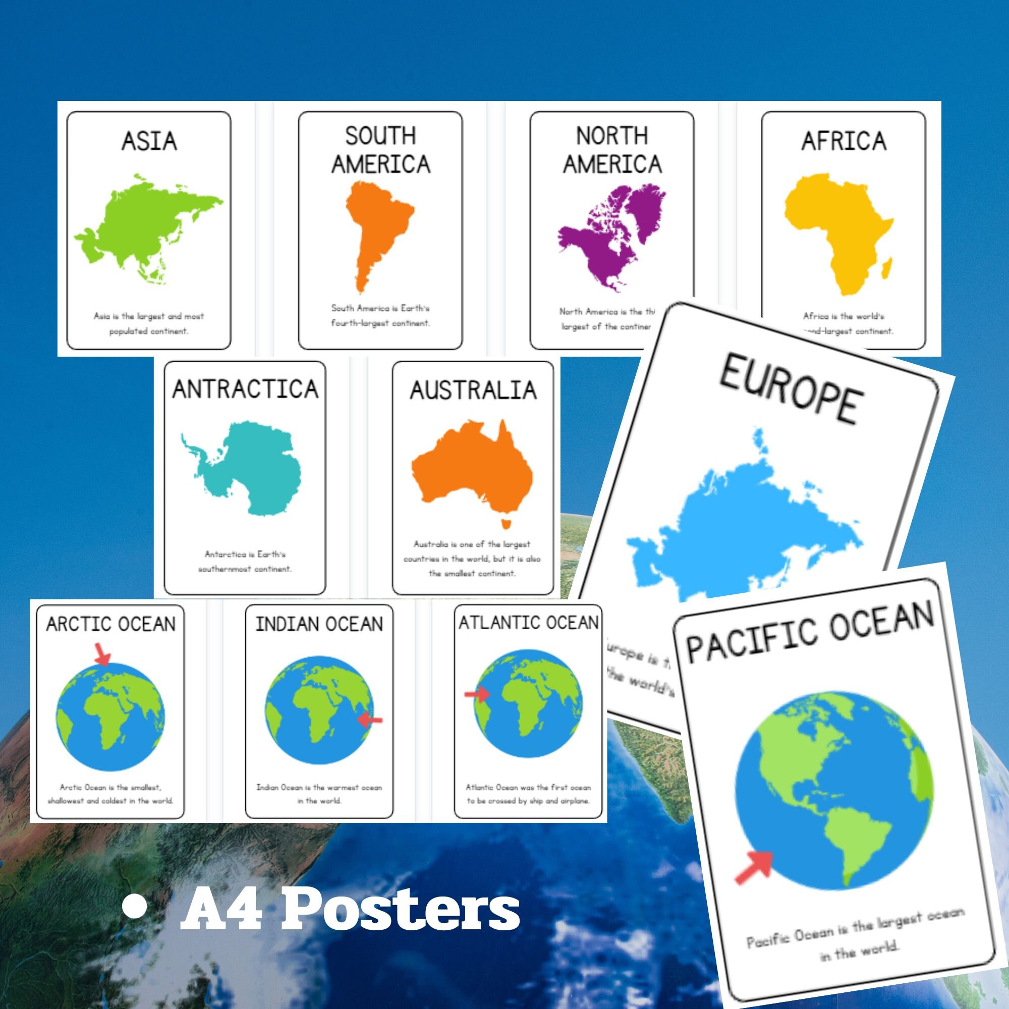 Continents and Oceans of the World, Posters, Flashcards and Worksheets ...