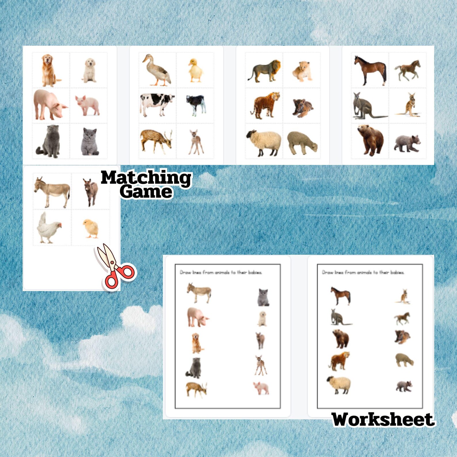 Animals & Their Babies, 14 Animals, Matching Game, Worksheets ...