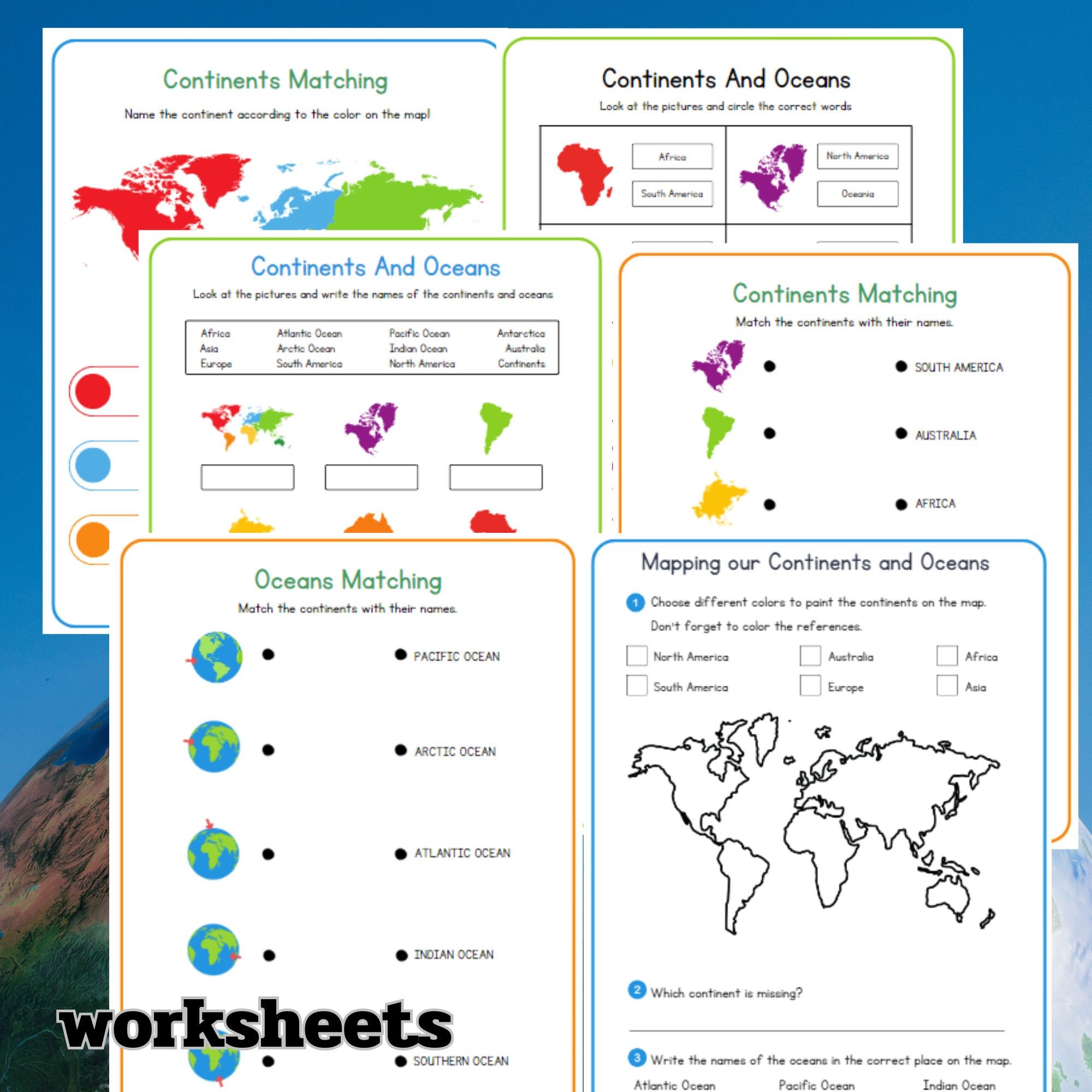 Continents and Oceans of the World, Posters, Flashcards and Worksheets ...