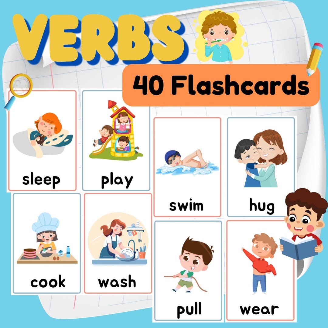 Verb Flashcards, 40 Words, A5 Flashcards With Cute Pictures - Etsy