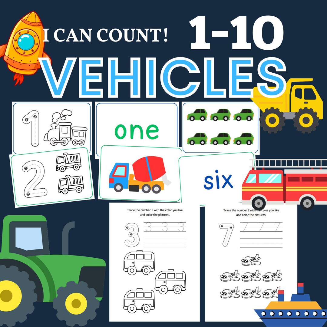 I CAN COUNT 1-10 Vehicle, Coloring Pages With Flashcards for Pre-school ...