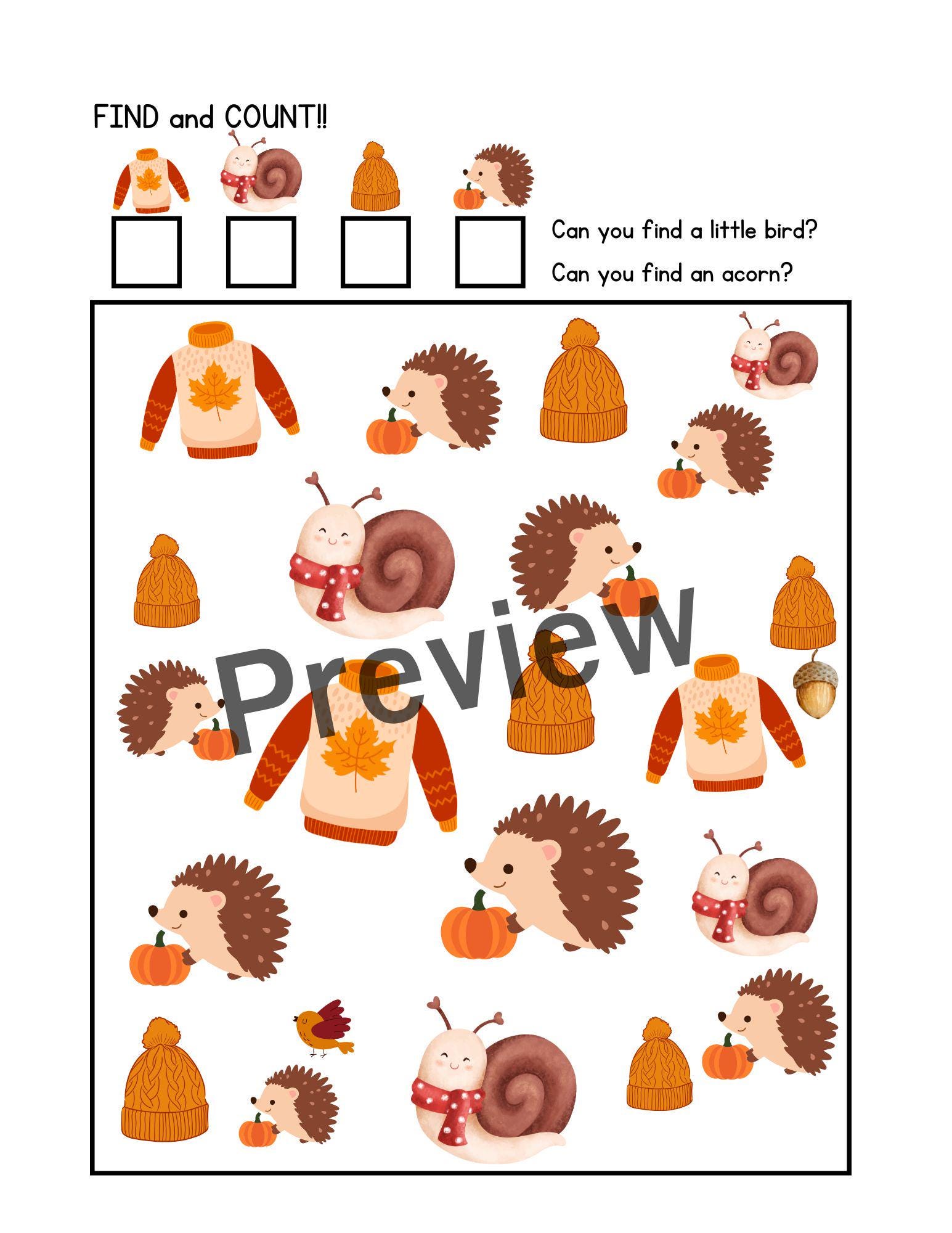 AUTUMN Math, Find and Count, Practice Counting up to 10 for Pre-k, K1-3 ...