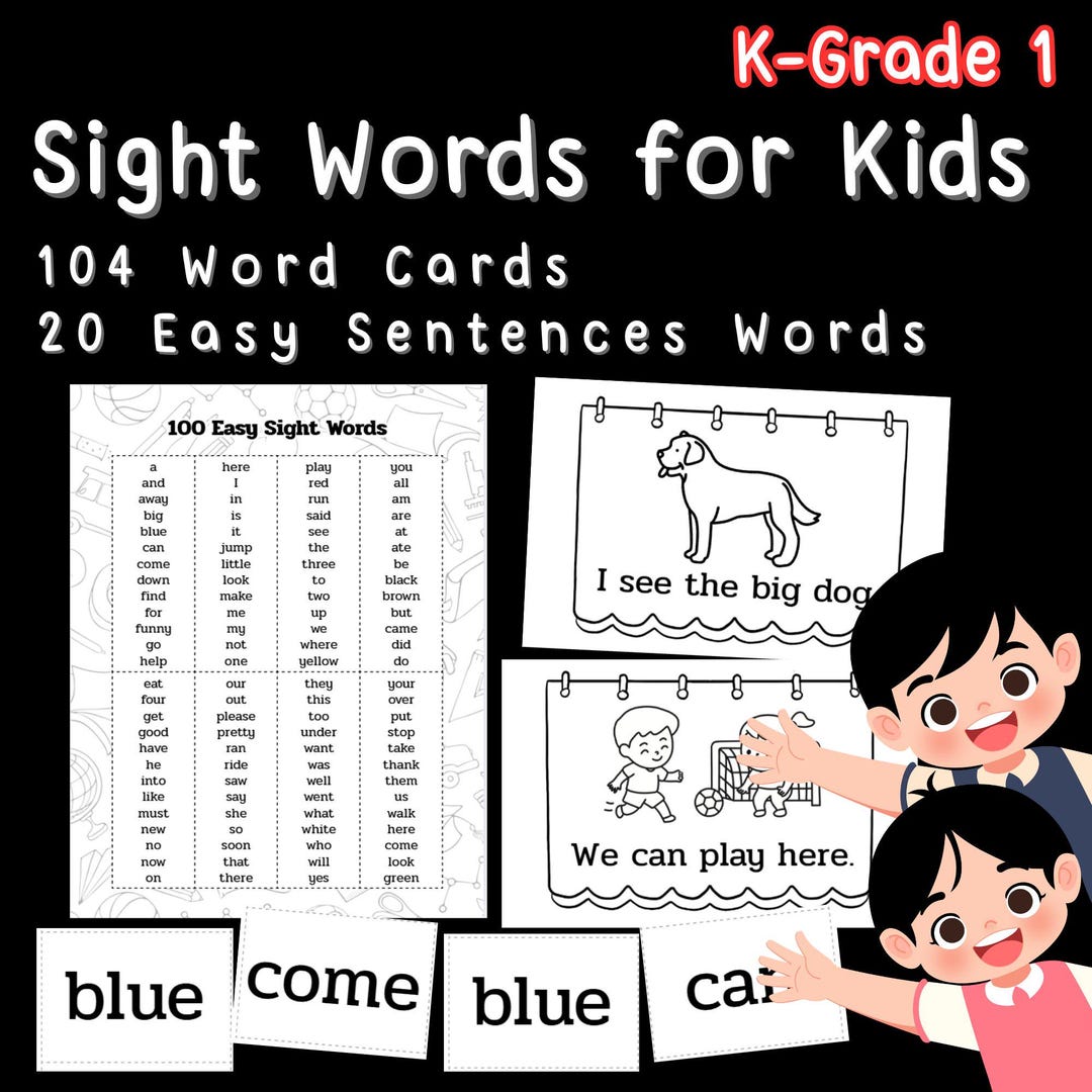 104 Sight Words for Kids | Word Cards + 20 Easy Sentences - Etsy