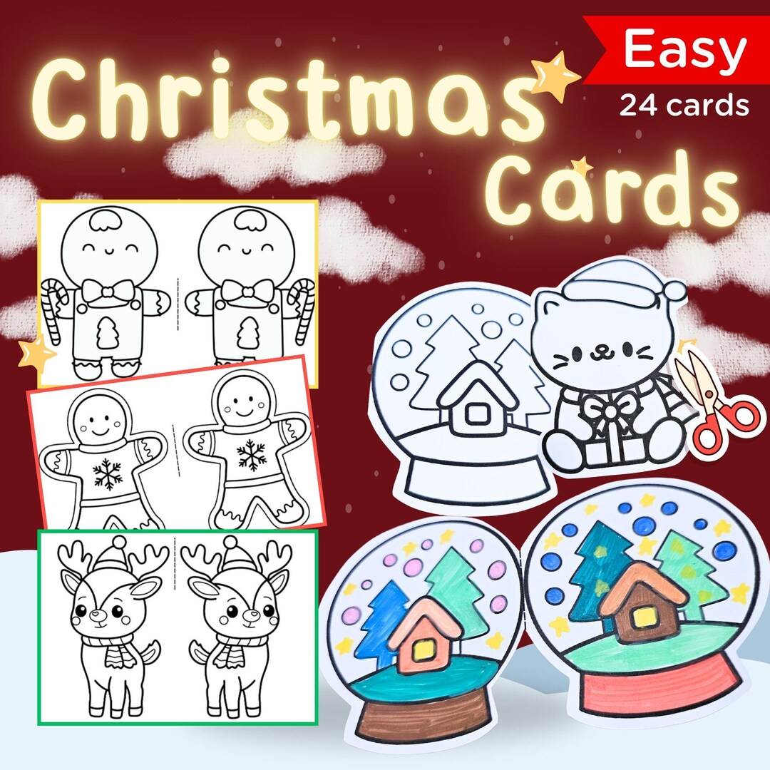 24 Christmas Cards, Cut and Color, Easy Version for All Kids - Etsy