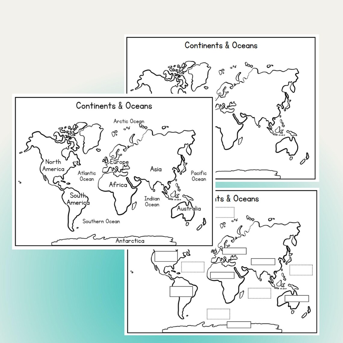 Continents & Oceans, World Map, Coloring Pages and Worksheets - Etsy