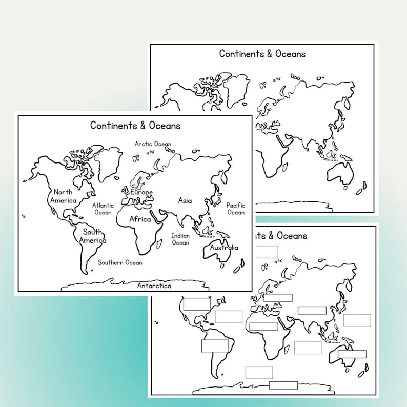 Continents & Oceans, World Map, Coloring Pages and Worksheets - Etsy