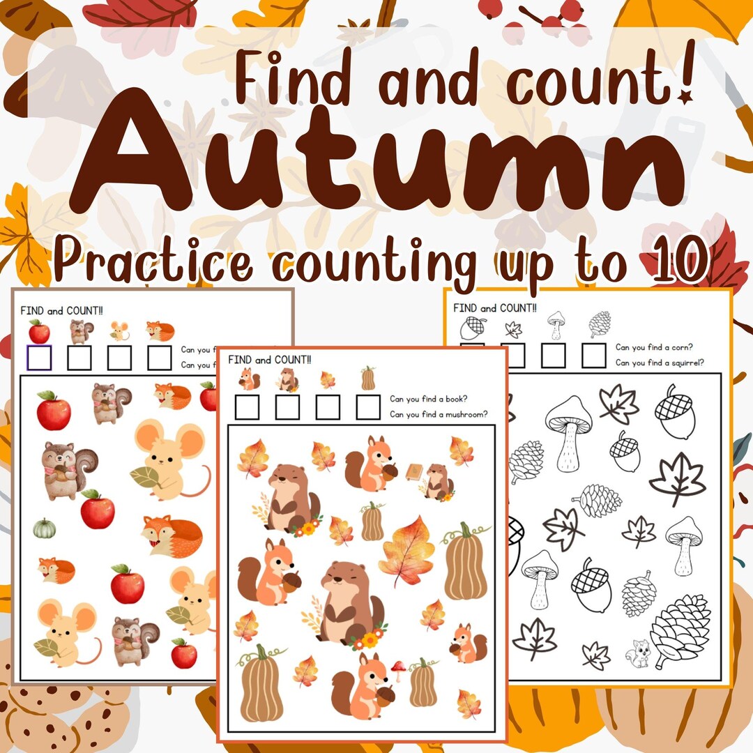 AUTUMN Math, Find and Count, Practice Counting up to 10 for Pre-k, K1-3 ...