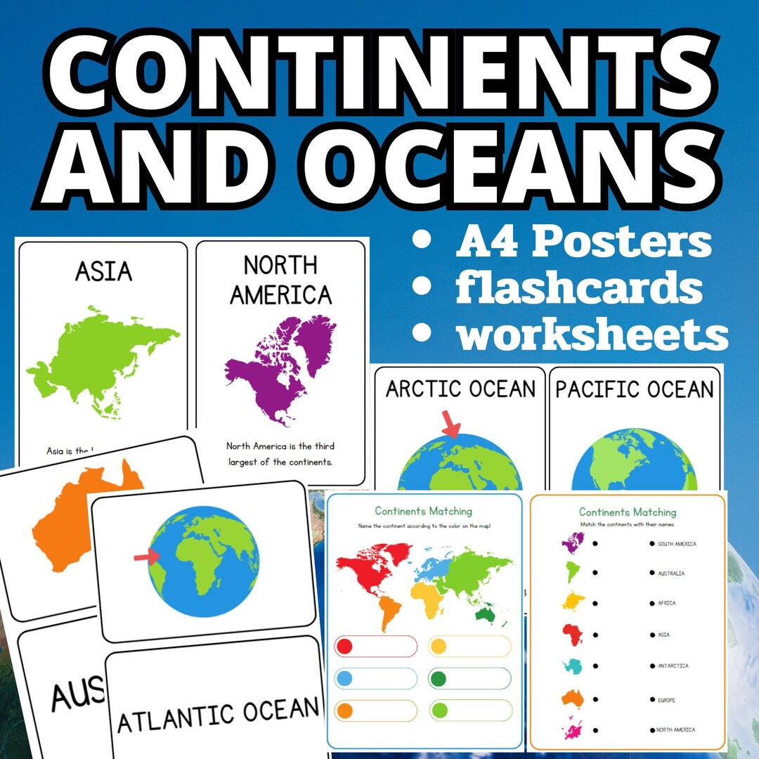 Continents and Oceans of the World, Posters, Flashcards and Worksheets ...