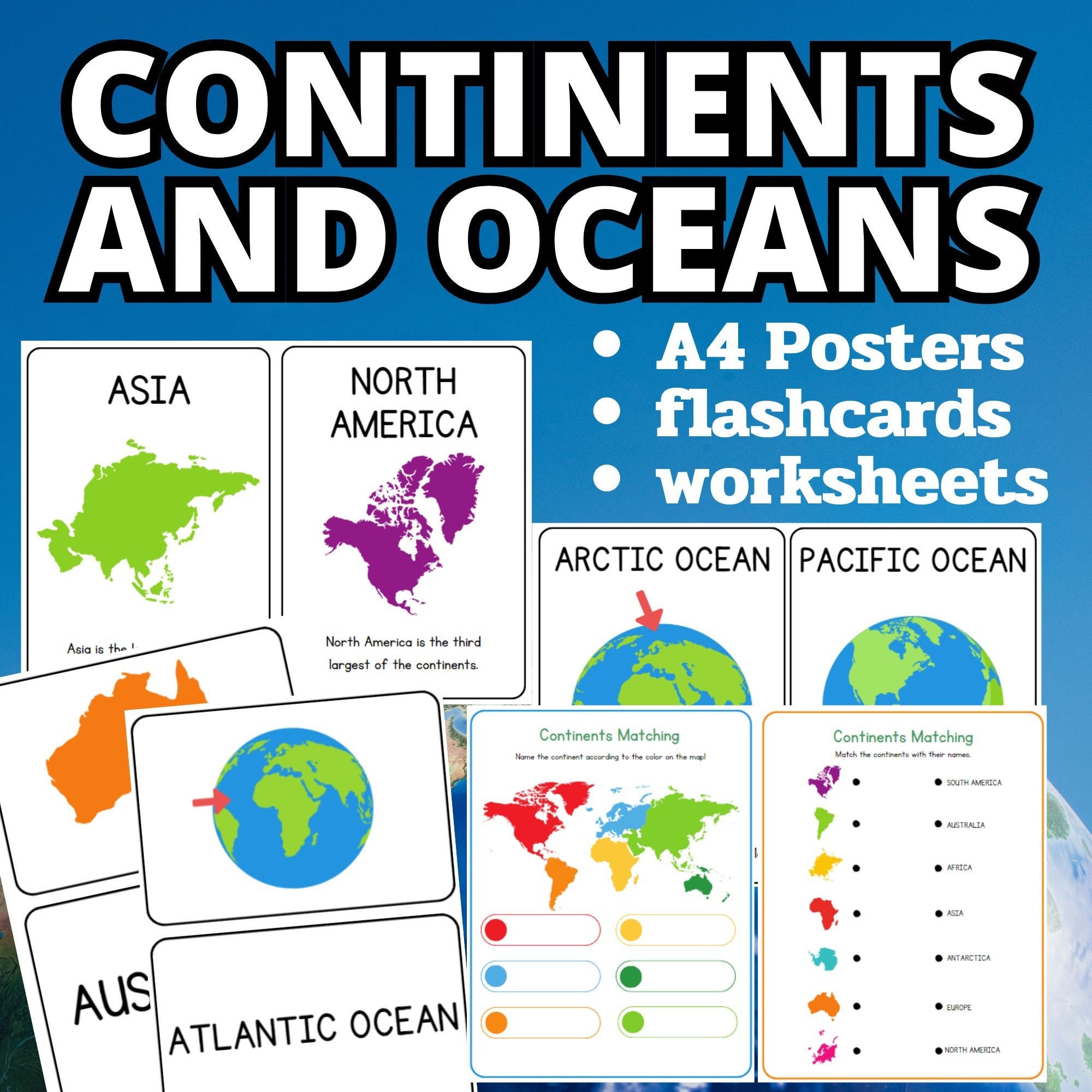 Continents and Oceans of the World, Posters, Flashcards and Worksheets ...