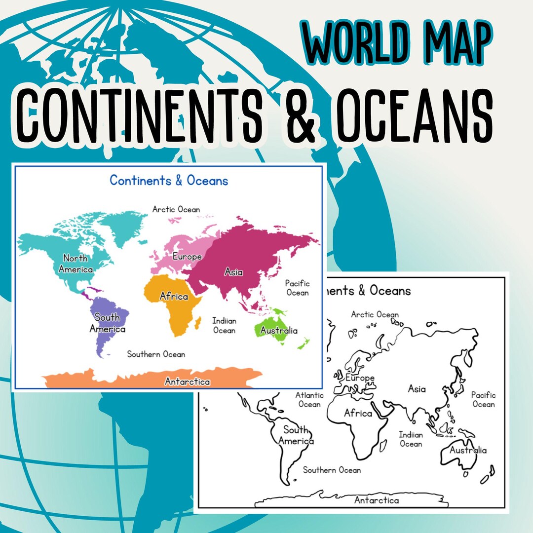 Continents & Oceans, World Map, Coloring Pages and Worksheets - Etsy