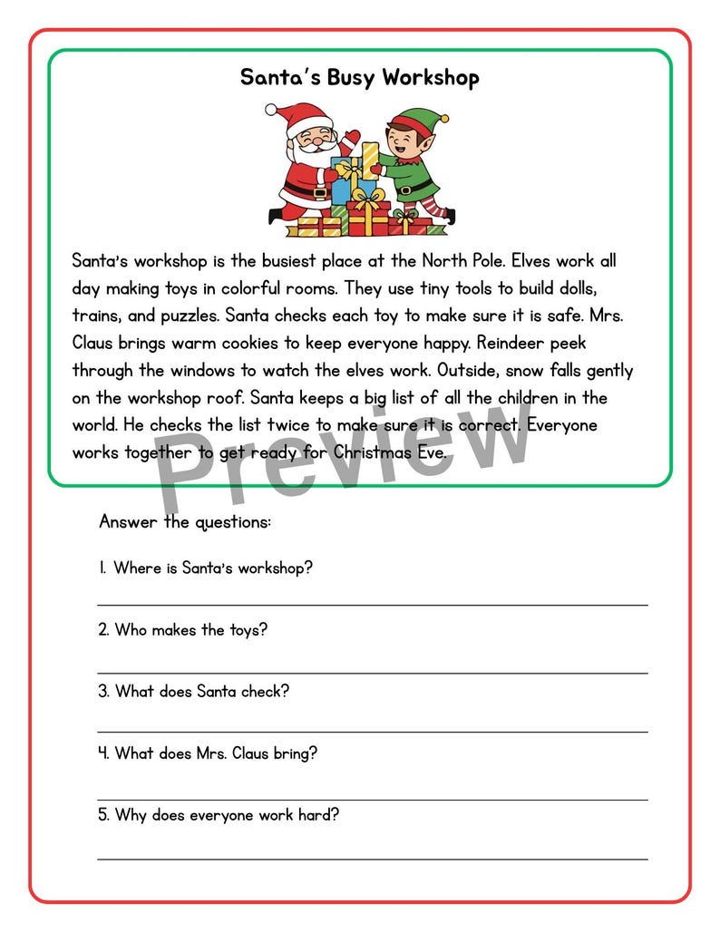 12 Santa & Reindeer Reading Comprehension Passages for Kids - Etsy
