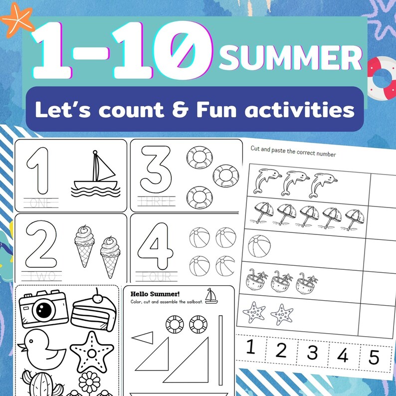 1-10 Summer Counting, Flashcards and Worksheet, Fun Exercises for ...