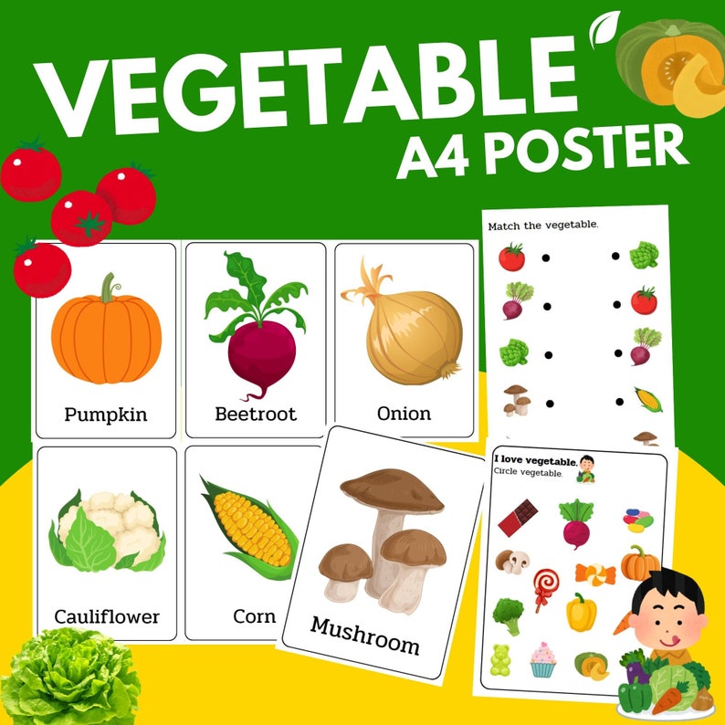 Vegetable Flashcards, Posters and Worksheet for Kindergarten ...
