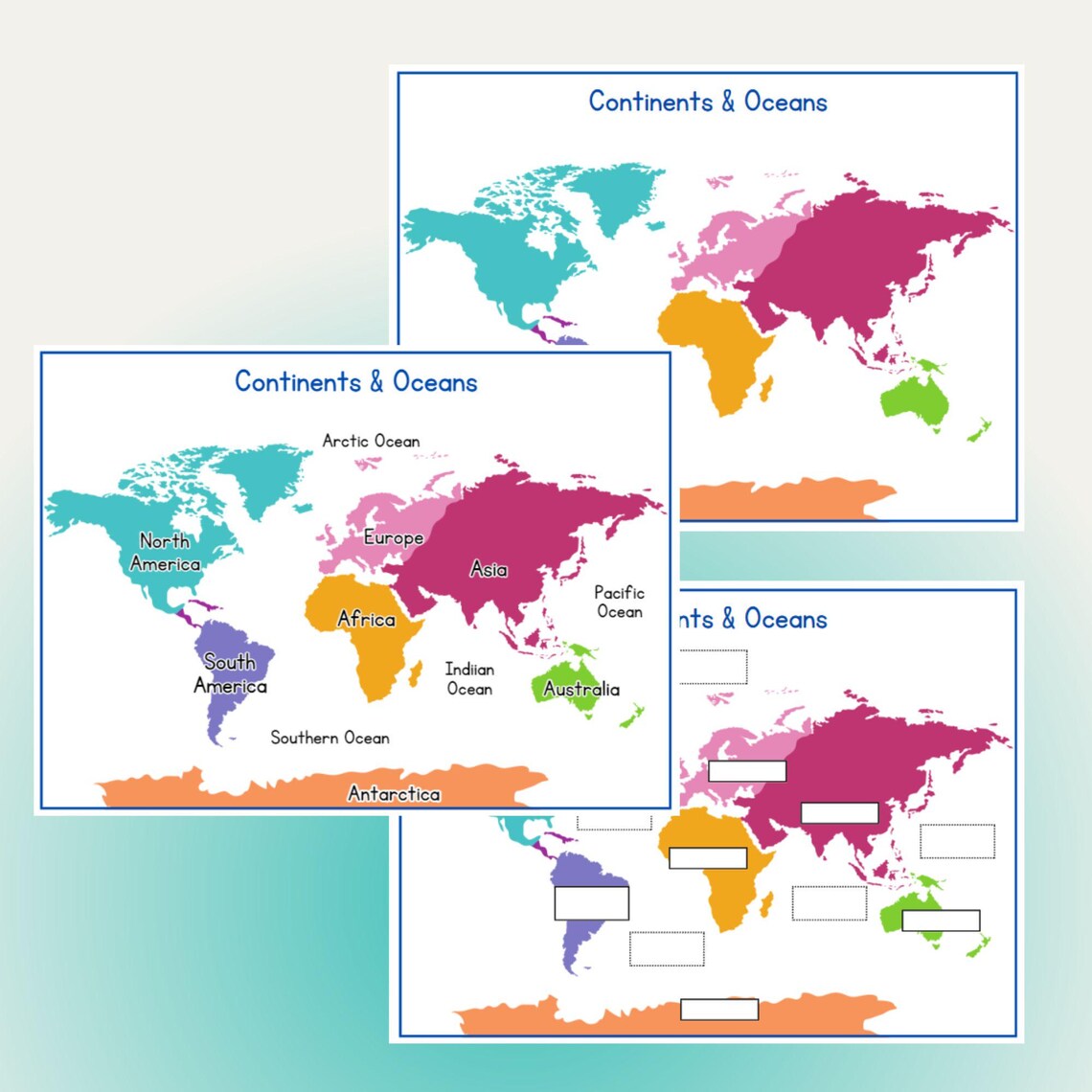 Continents & Oceans, World Map, Coloring Pages and Worksheets - Etsy