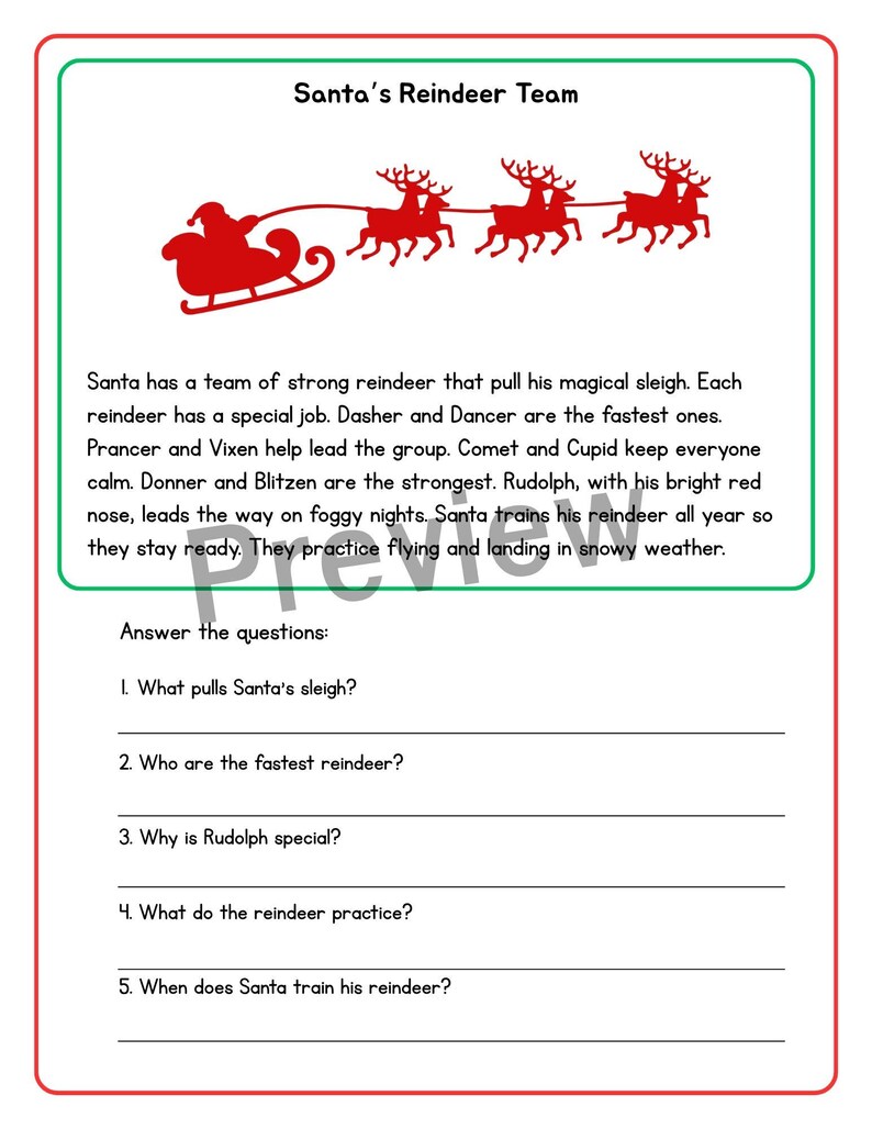 12 Santa & Reindeer Reading Comprehension Passages for Kids - Etsy