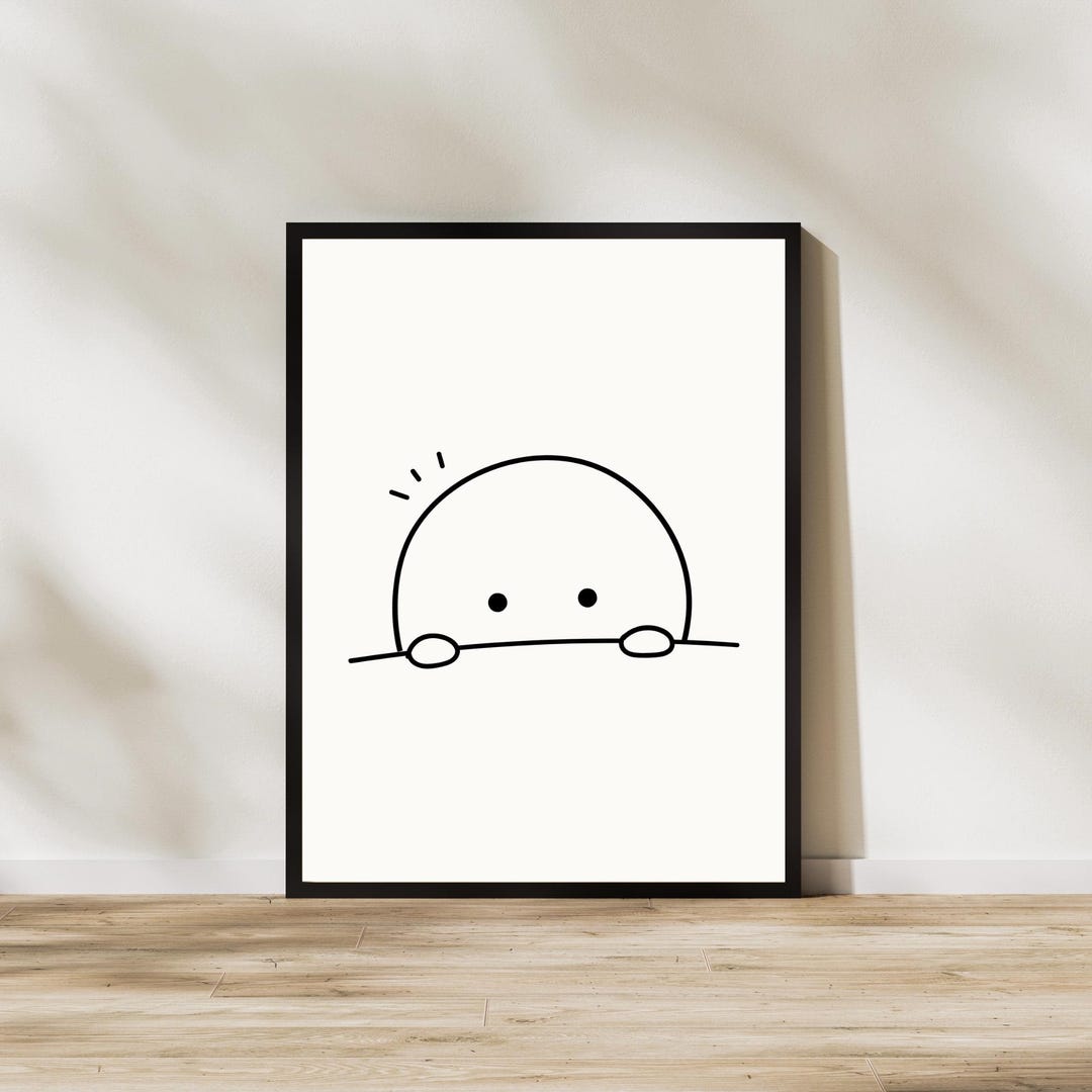 Minimalist Cute Peek-a-boo Character Wall Art Black and White Line ...