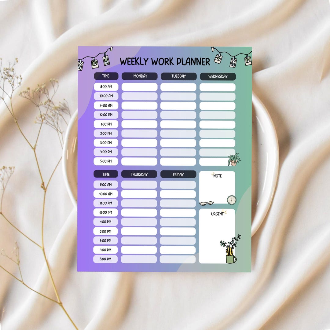 Weekly Work Planner Printable: Hourly Task Organizer (digital Download ...