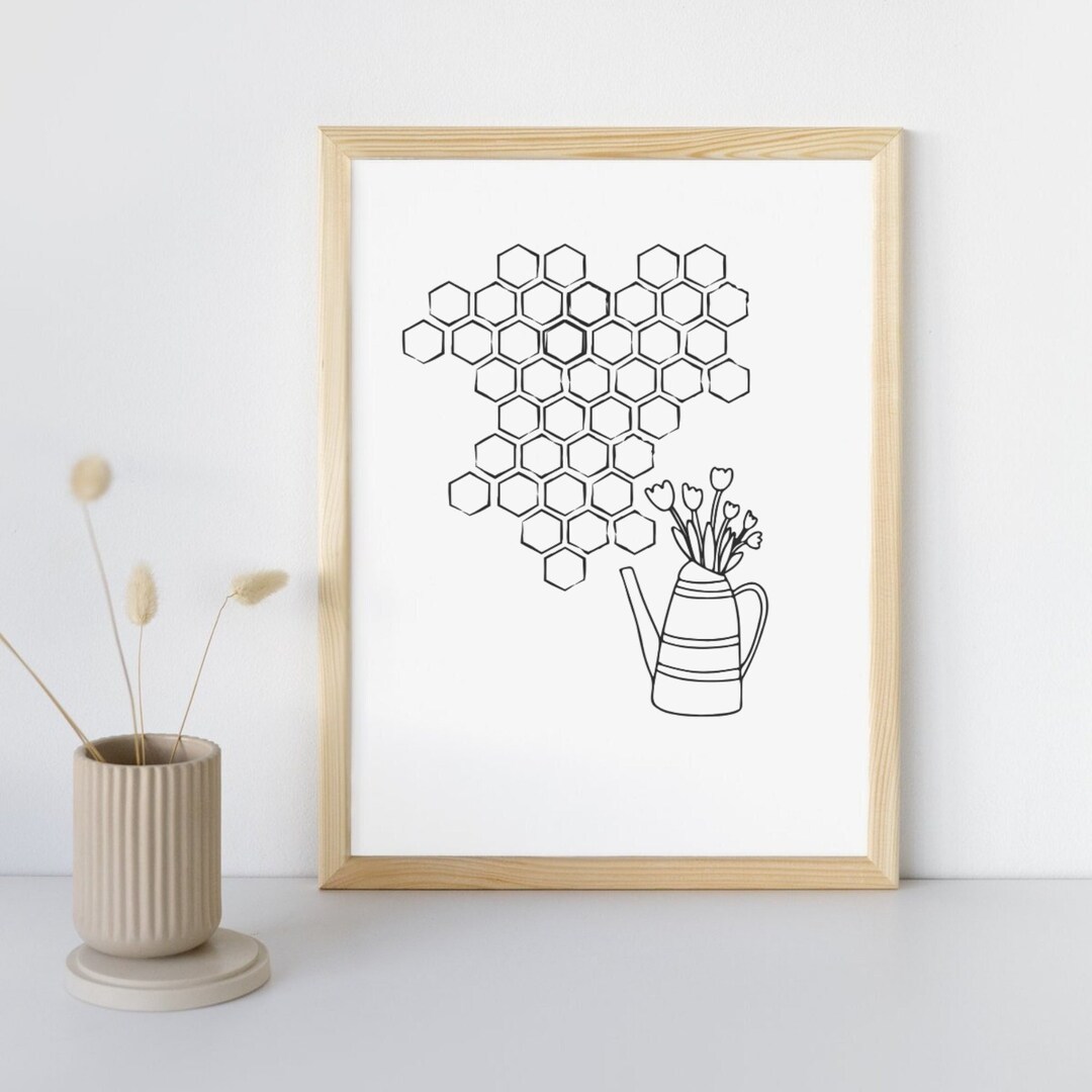 Modern Beehive Poster - Stylish Minimalist Line Art - Honeycomb Digital ...