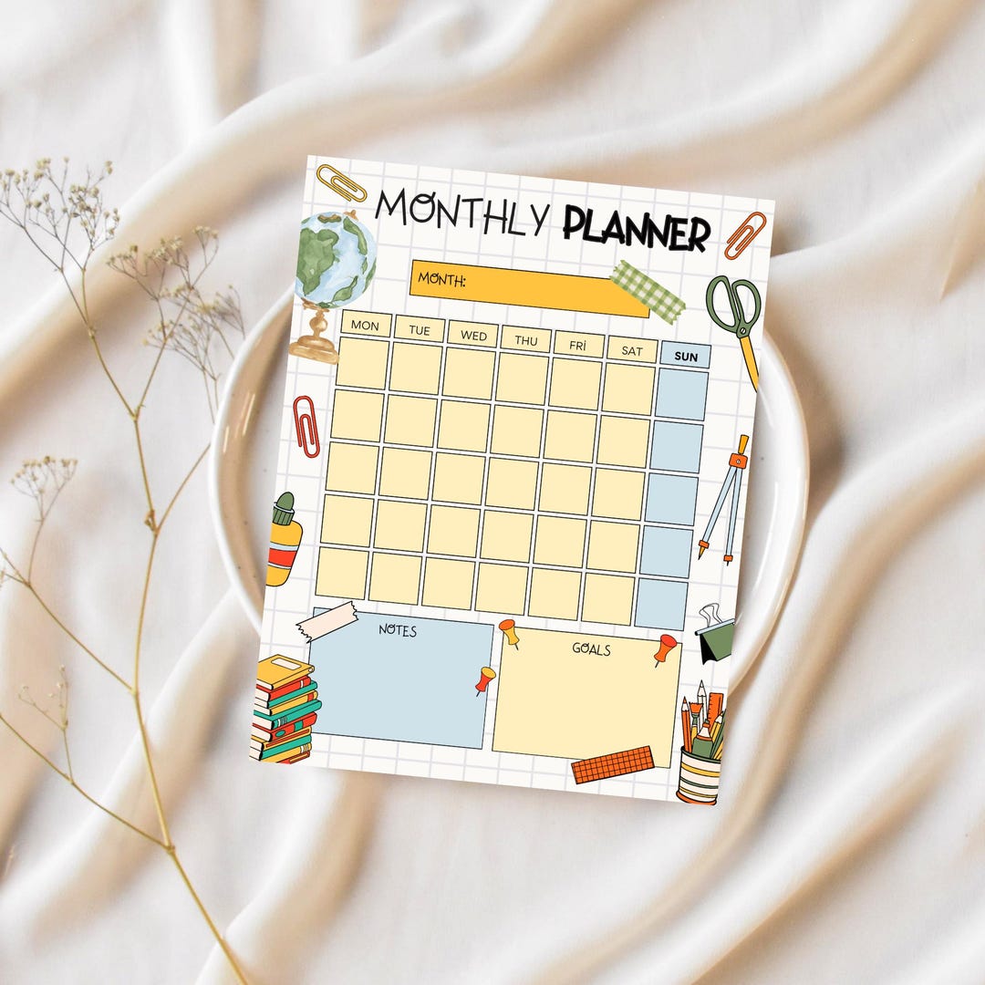 Editable Monthly Planner Printable With Fun School Supplies Theme ...