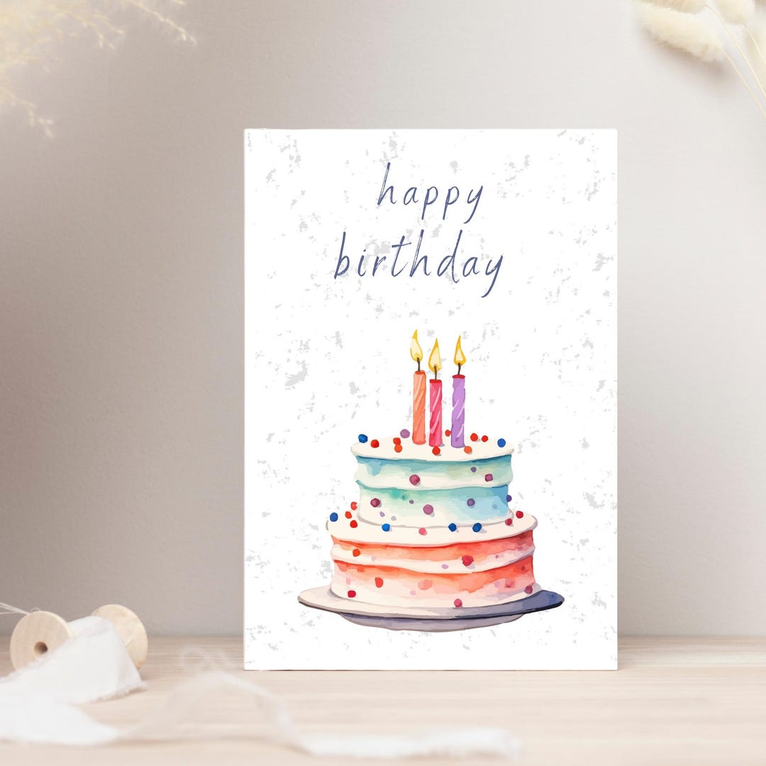 Happy Birthday Watercolor Card - Digital Printable Greeting With Cake ...