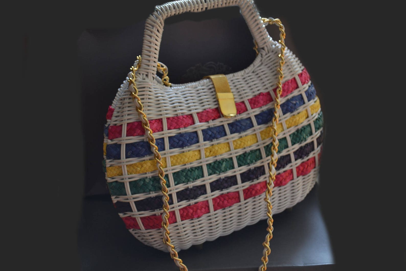 Vintage white wicker handbag colorblock straw bag with | Etsy