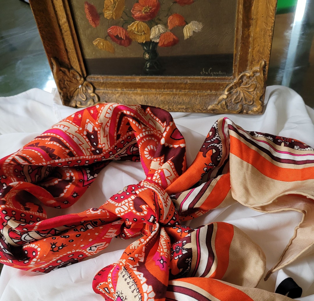 Vintage Orange Silk Scarf Large 35 by 35 Inches Floral Headscarf - Etsy